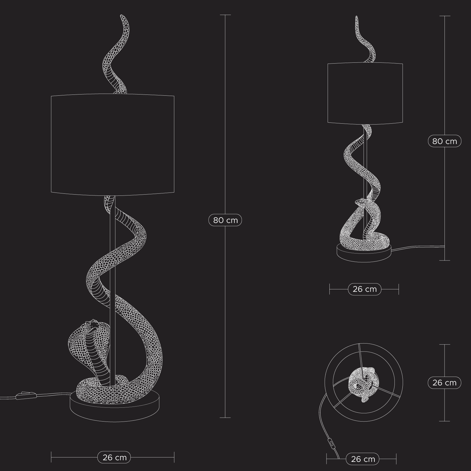 Table lamp snake Kaara, gold-black, polyresin, 25,5x25,5x79,5 cm, E27